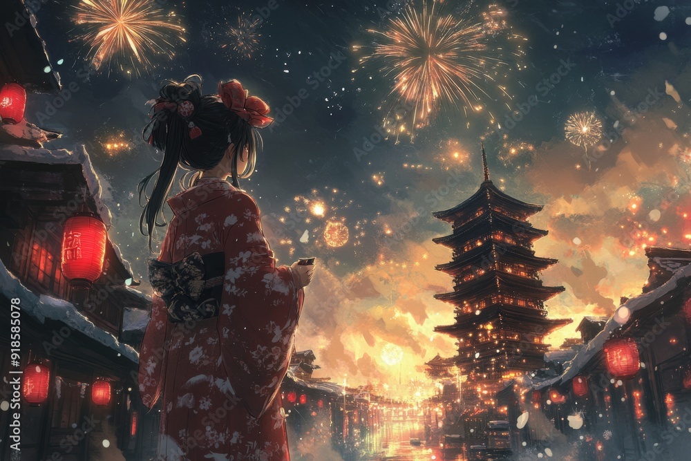New Year Celebration in Anime Style: A Vibrant Illustration of Festive ...