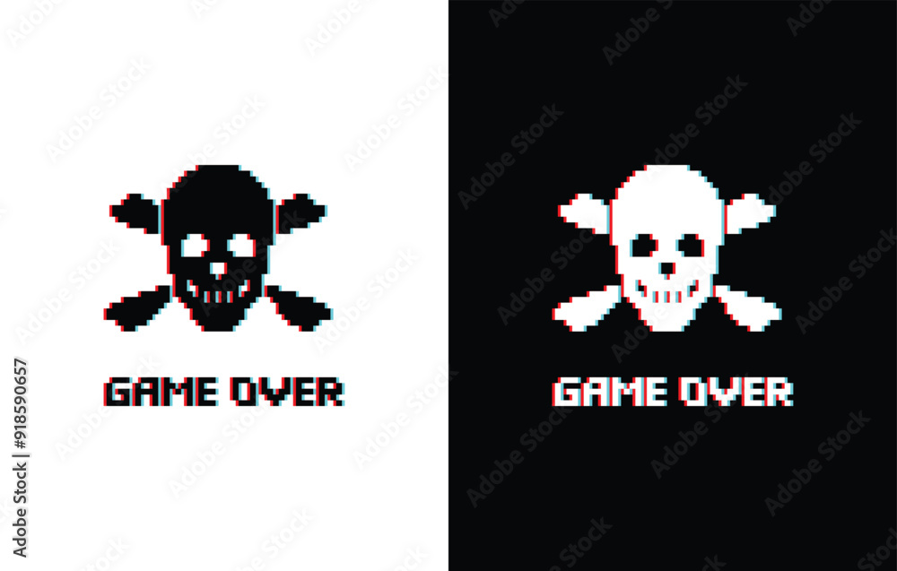 glich effect game over with Skull icon 8 bit, pixel pirate icon 8-bit ...