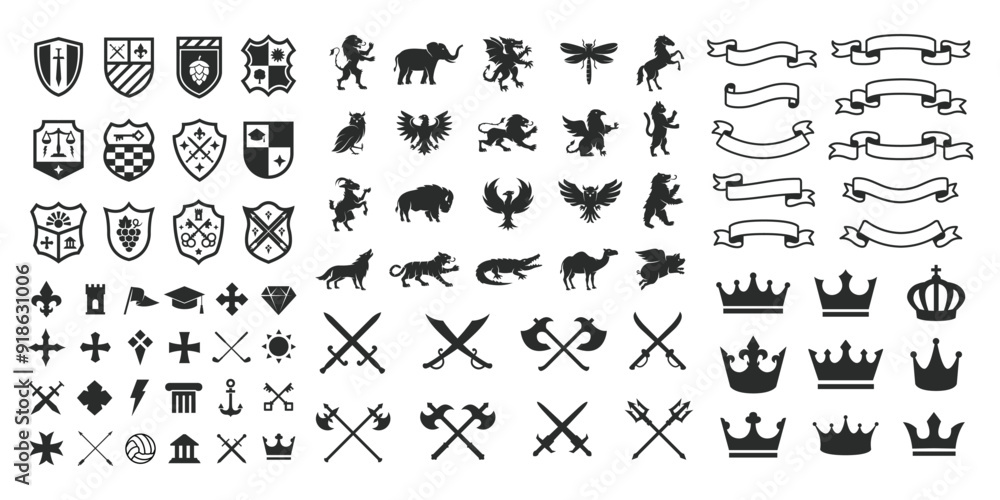 Heraldic Crest Logos elements set. Heraldic Animals, shields logos ...