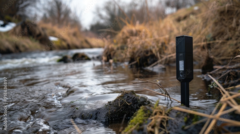 A digital water quality testing device by a river, highlighting ...