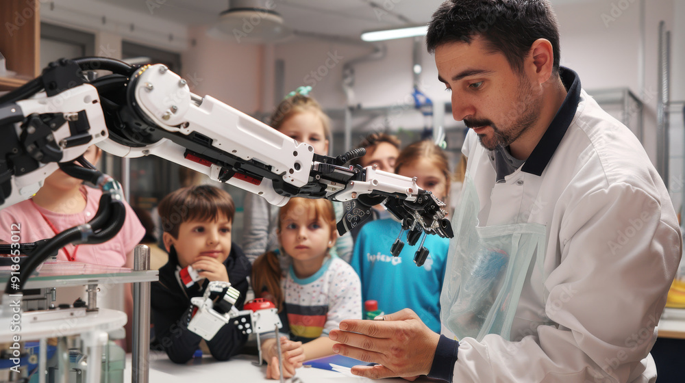 Scientist encouraging children in robotics career, showing robotic arm ...