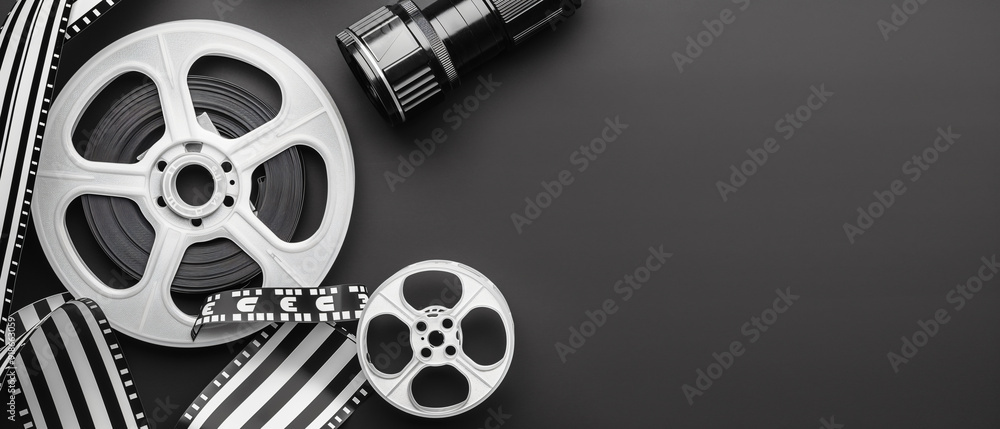 Exploring vintage cinema tools, a film reel sits beside a camera lens ...