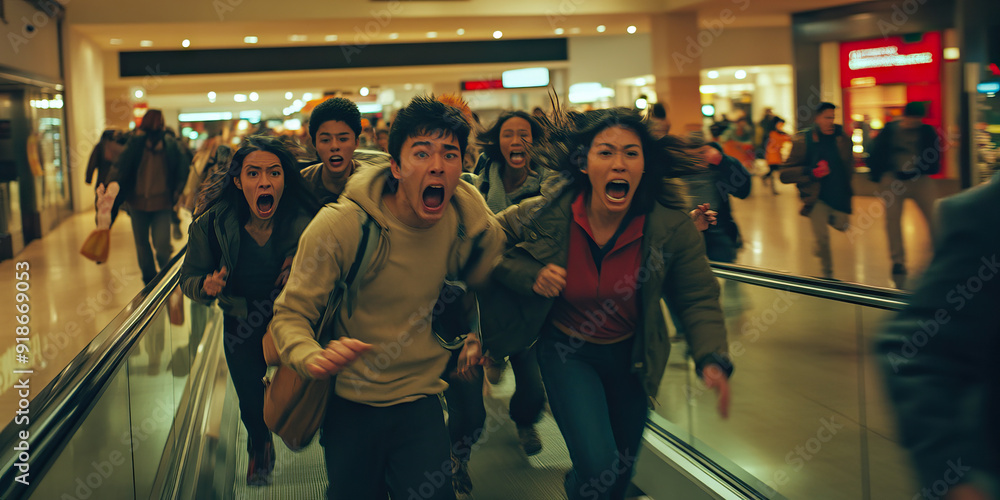 Frenzied Escape from Everyday Terror: A panicked group of people desperately trying to outrun ...