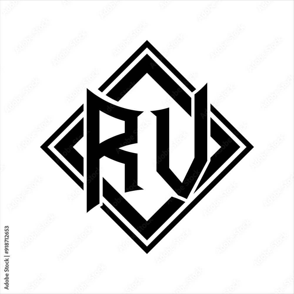 RV Letter logo with abstract shield shape with square black outline on ...