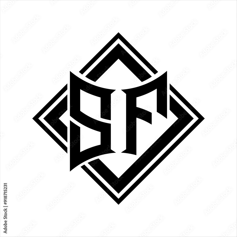 SF Letter logo with abstract shield shape with square black outline on ...