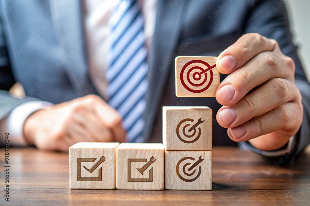 A determined hand holds wooden blocks with "2024" and a target icon ...