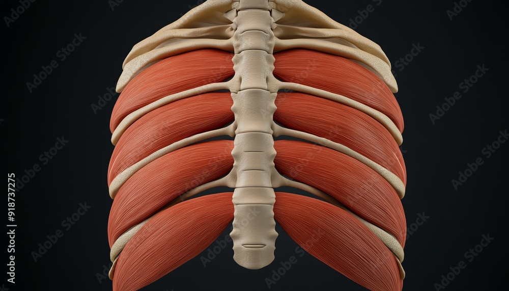 Detailed view of the intercostal muscles between the ribs, showing ...