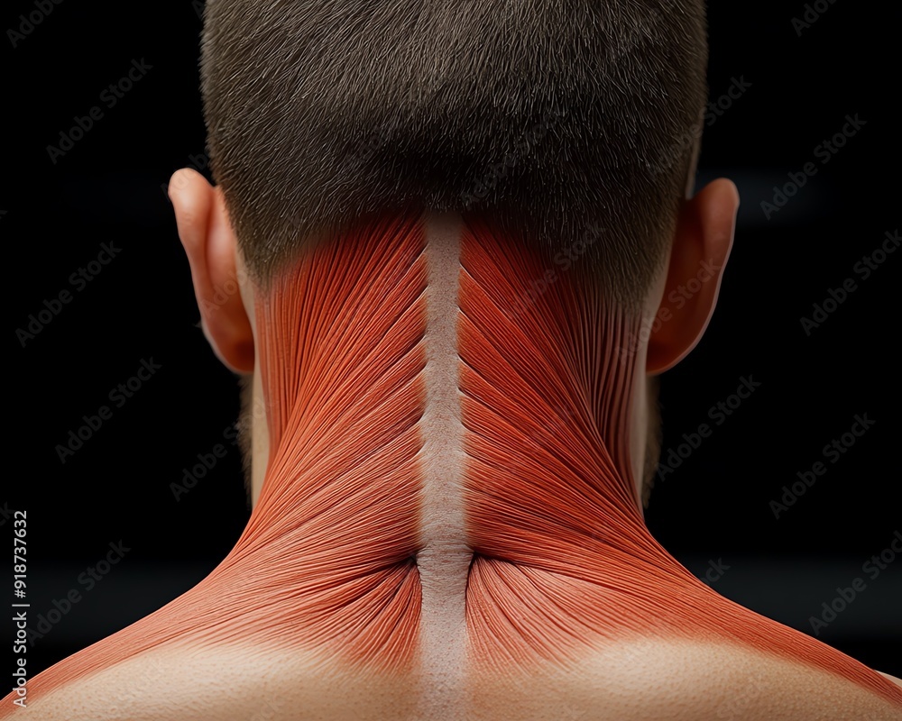 Detailed view of the trapezius muscle in the upper back, emphasizing ...