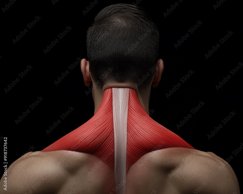 Detailed view of the trapezius muscle in the upper back, emphasizing ...