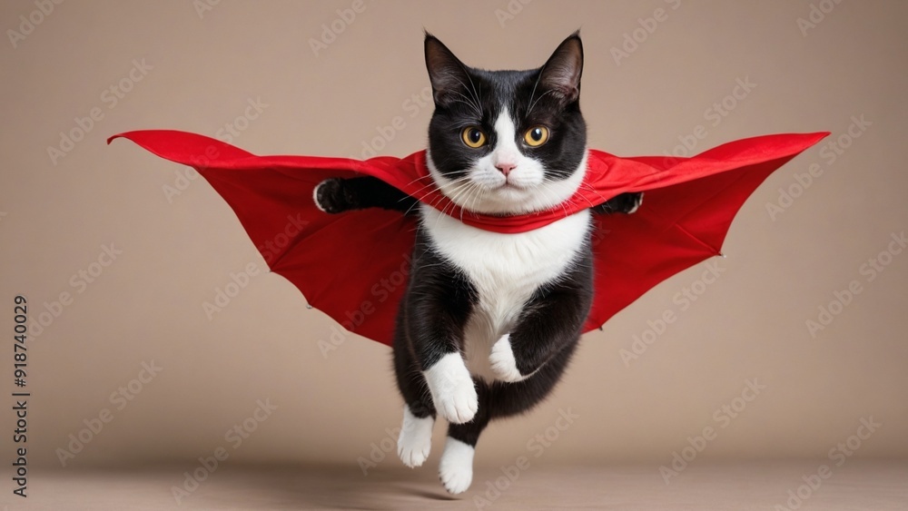 batman cat, cute white and black cat wearing red cape and mask, jumping ...