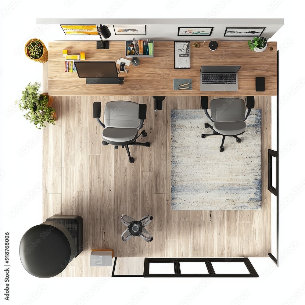 3D Render of a home office with a standing desk, ergonomic stool, and ...