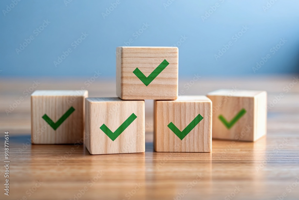 Wooden blocks with checked marks on a tabletop represent efficient ...