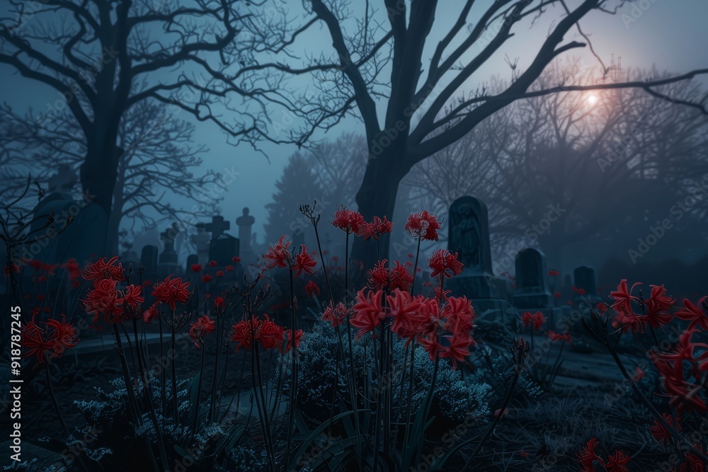 Lycoris radiata.Red spider lily.Equinox flower.Red magic lily.A dark ...