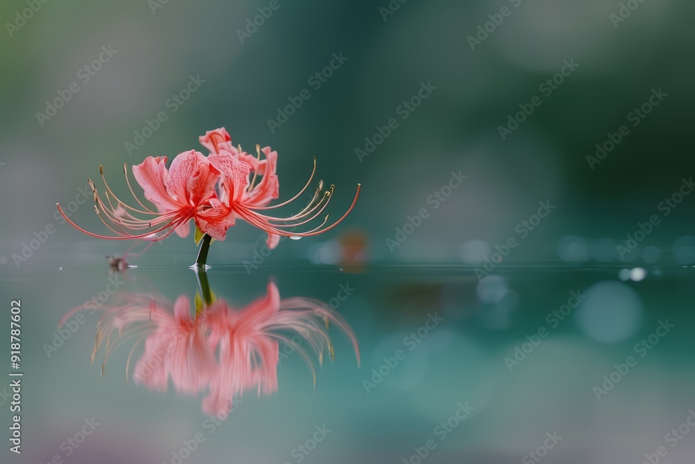 A tranquil image of a Lycoris radiata flower resting on a serene pond ...
