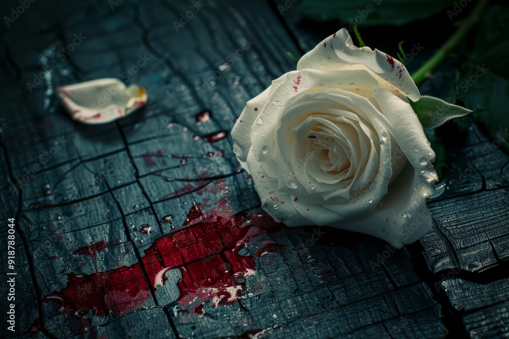 Bleeding rose.Bloody white rose.Bleeding white rose.A moody photograph of a white rose with red ...