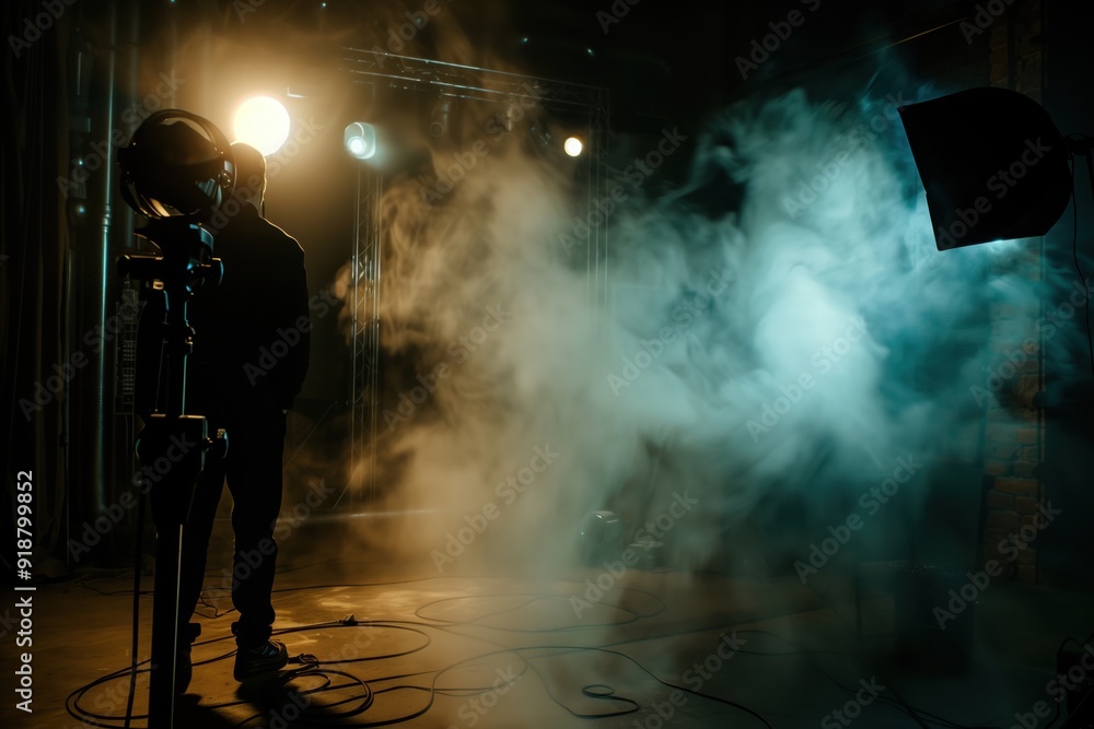 electric room, dark smoke, LED lighting, blurred silhouette, background ...