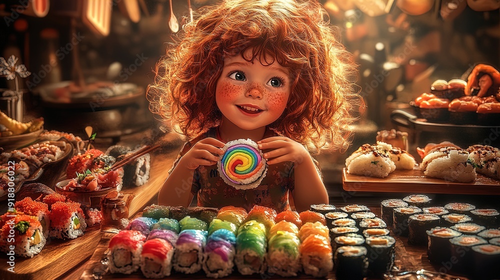 Whimsical Sushi Delight: A Freckled Child with Curly Auburn Hair ...