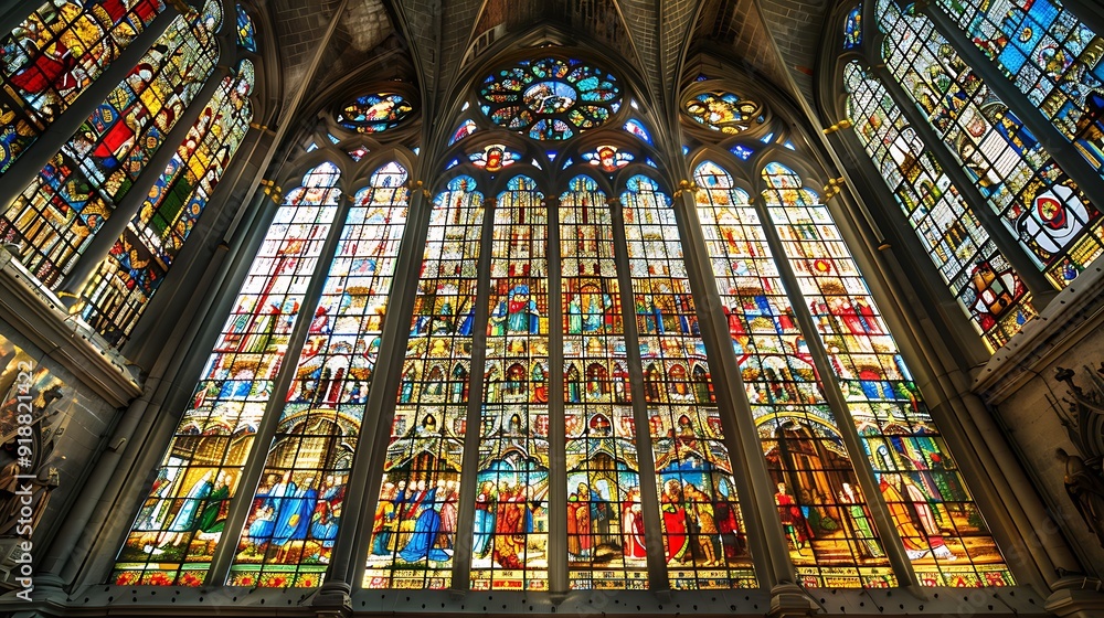 Medieval stained glass window depicting scenes from the life and ...