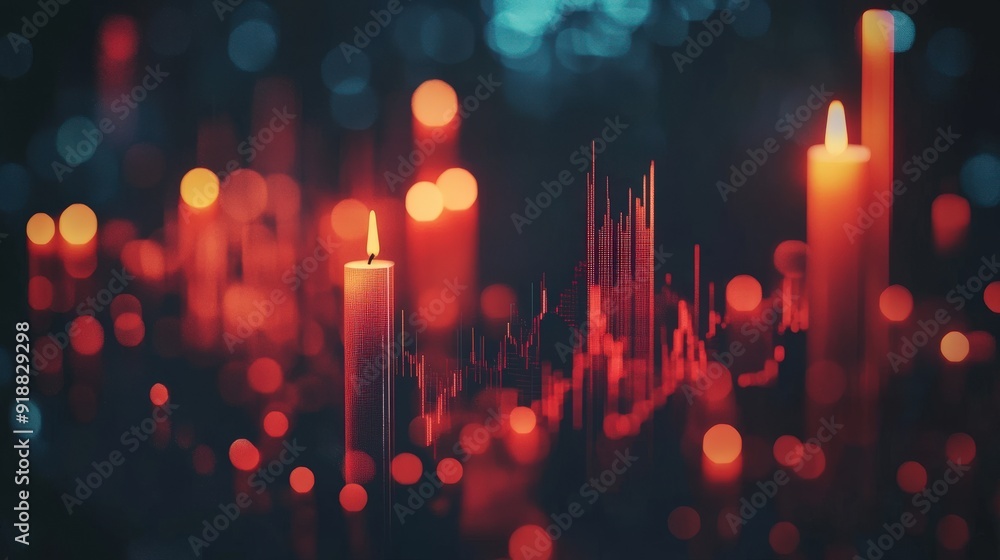 blank dark bokeh background with digital financial chart indicators ...