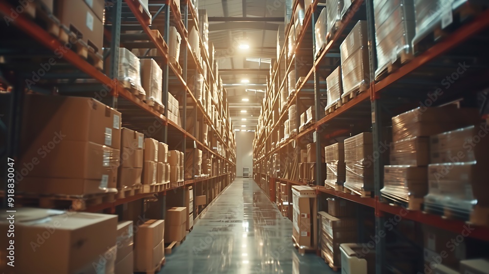 Storage room filled with boxes on racks and shelves merchandise stock ...