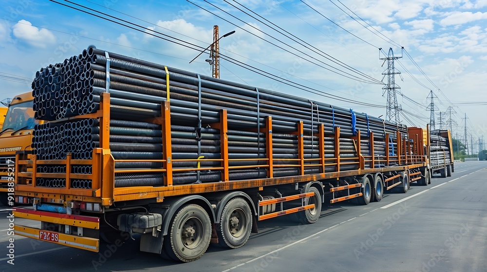 Trucks with long trailers carrying steel bars for building construction ...