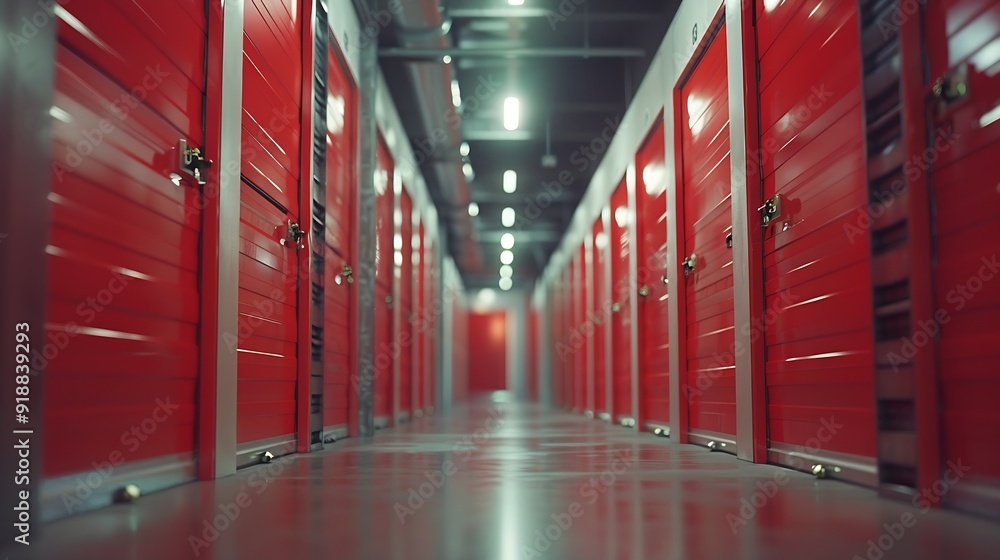 Storage corridor warehouse Self storage facility red metal doors with ...