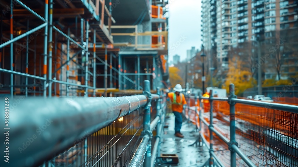 Construction building site with framework railing guard walkway on the ...