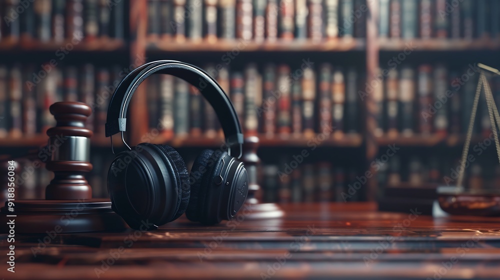 Music copyright law concept Headphones and judge gavel background with ...