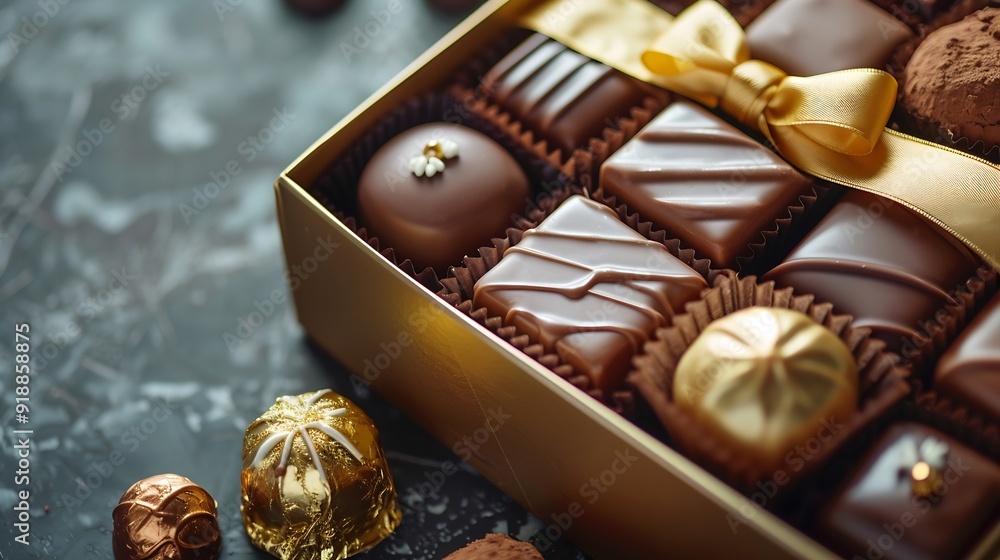 Premium date chocolates and a golden gift box with ribbon Gourmet ...