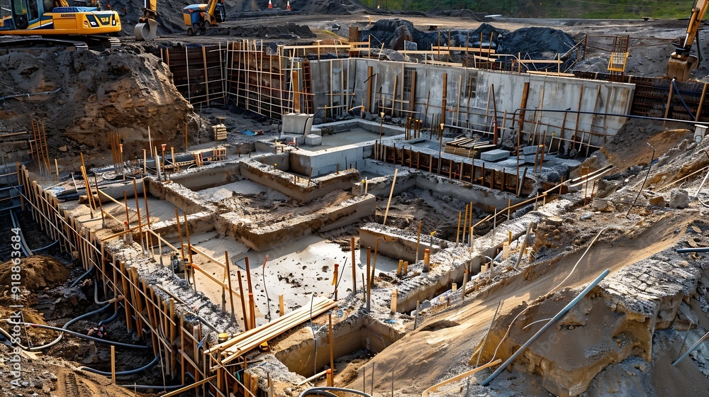 Construction site with concrete foundation and drainage system being ...