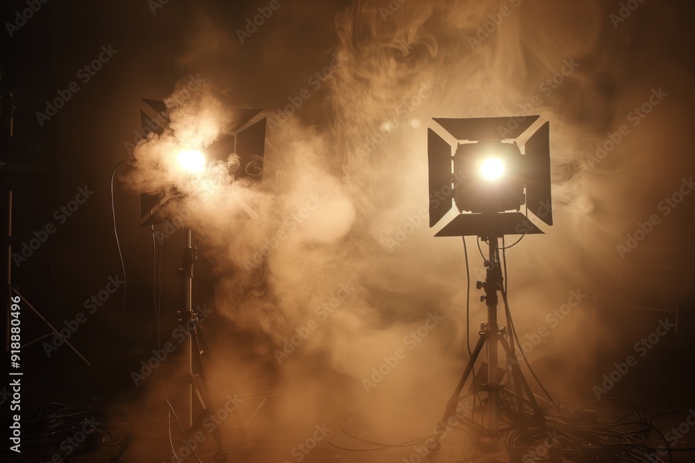 having installed two lighting devices for filming, they stand opposite ...