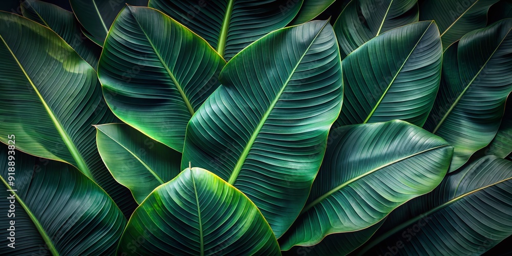Dark green-black banana leaves with rippled edges and subtle sheen are ...