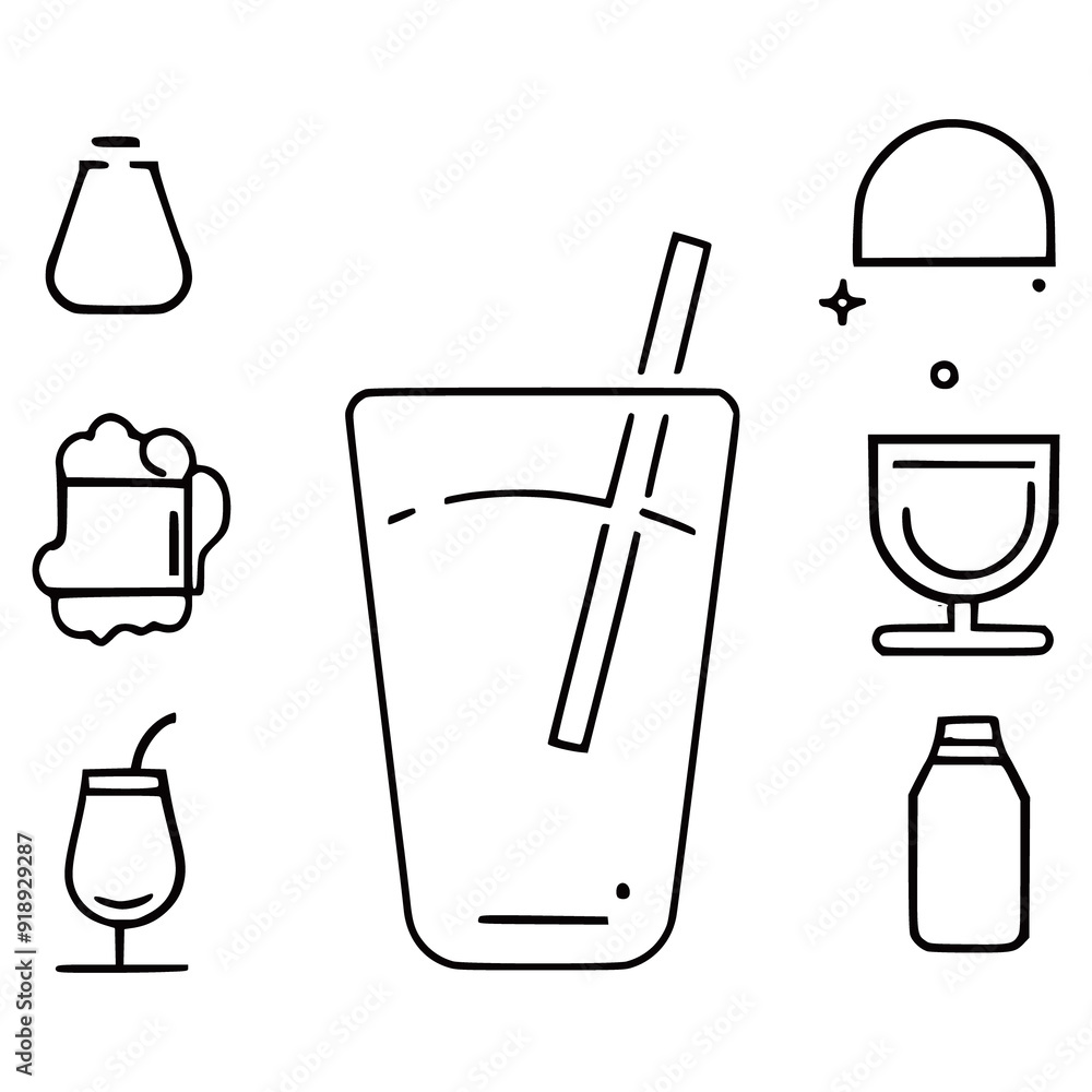 Orange Cocktail Straw Drinking Alcoholic Beverage Editable Continuous Line Icon Pack Vector
