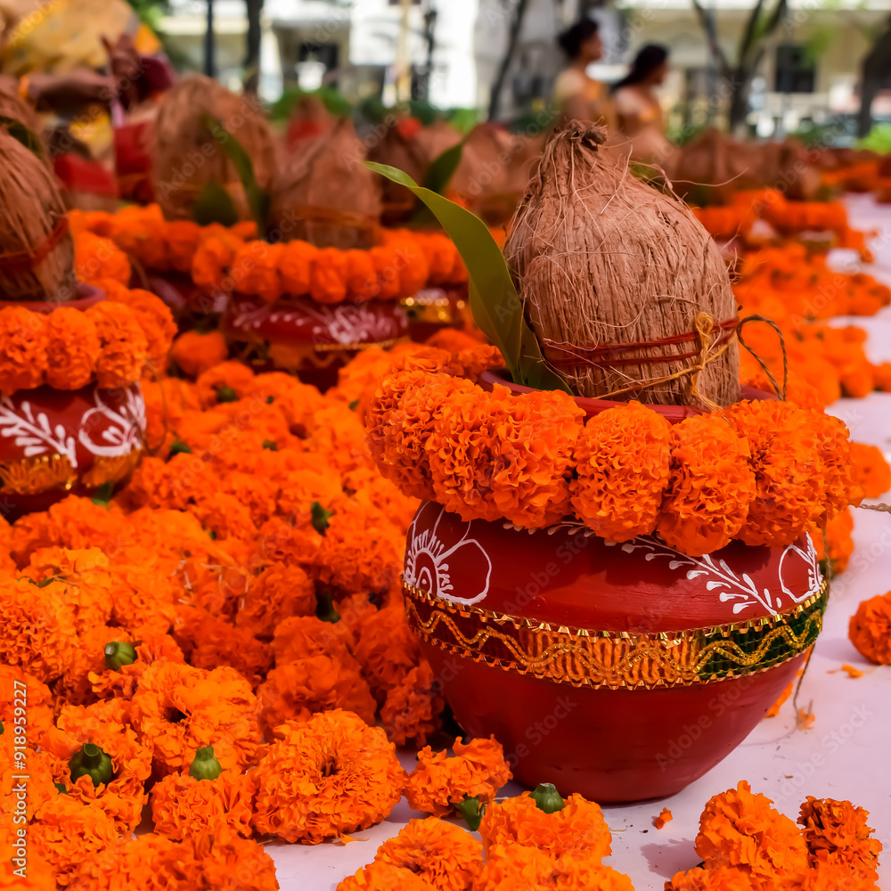 Kalash with coconut and mango leaf with floral decoration earthen pots ...