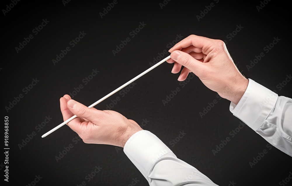 Choir conductor wearing white shirt gently holding a baton in two hands ...