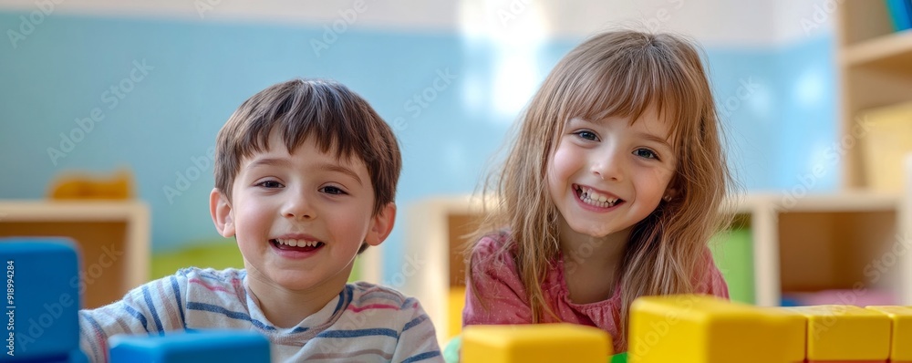 Kids play together in kindergarden. Children, play together having fun ...