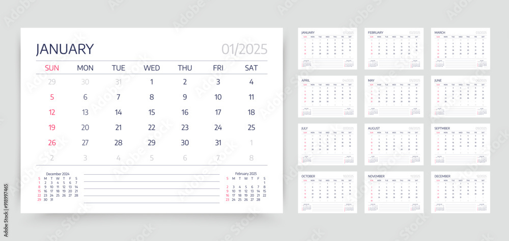 Calendar for 2025 year. Monthly calender organizer. Planner template ...