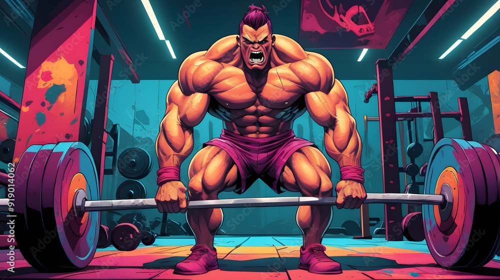 Pop Art Graphic of a Muscular, Angry Cursed Warrior in the Gym with a ...