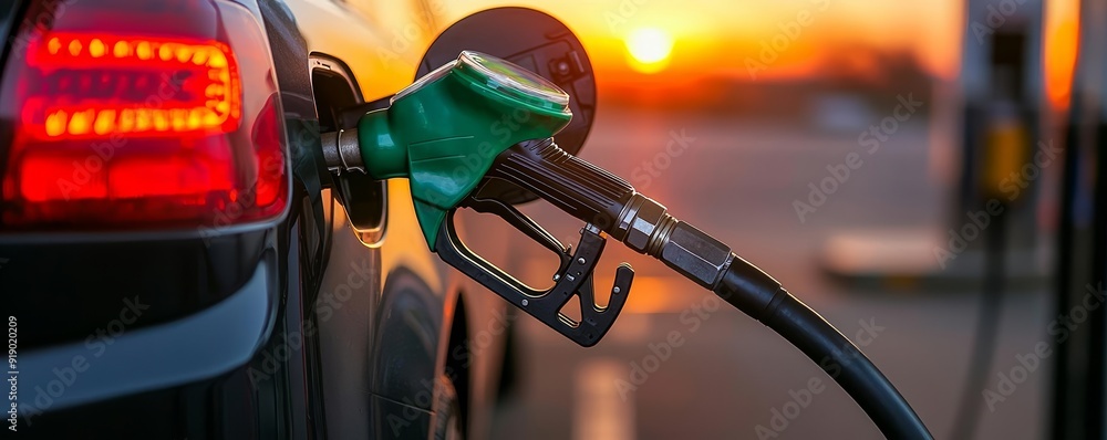 Car refueling at a gas station, with a focus on the fuel nozzle in ...
