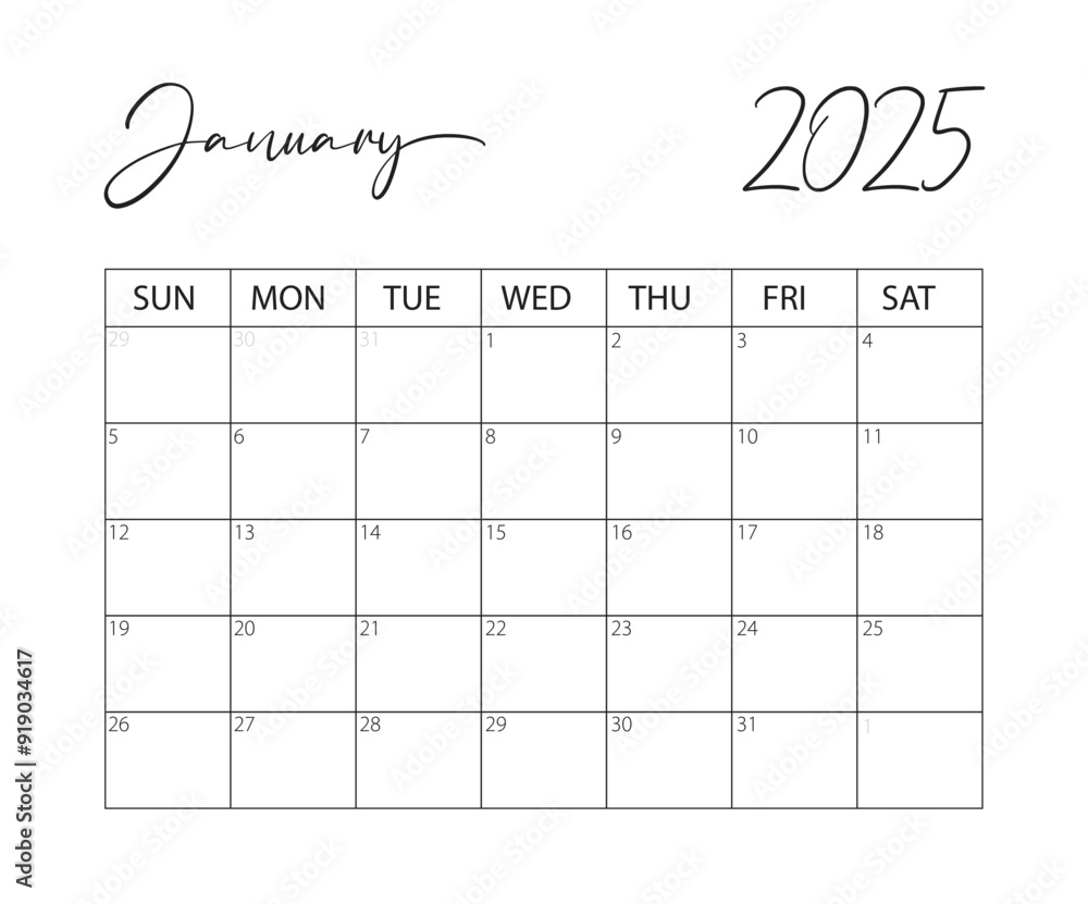 January 2025 Calendar. Vector calendar. Week starts sunday. Calendar ...