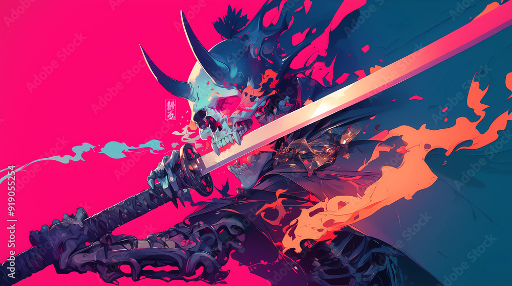 Japanese Oni Skull with Synthwave Katana Sword in Anime Style, Samurai ...