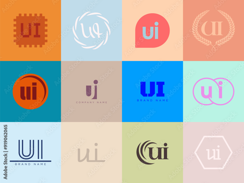 UI logo company template. Letter u and i logotype. Set different ...