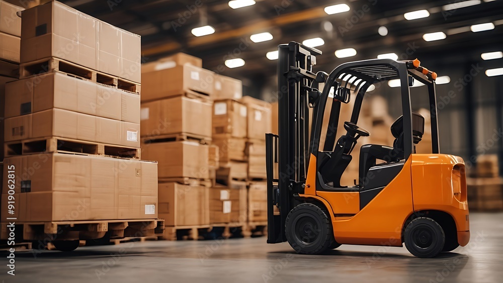 forklift truck lifting wooden pallet cartoon boxes in a warehouse full ...