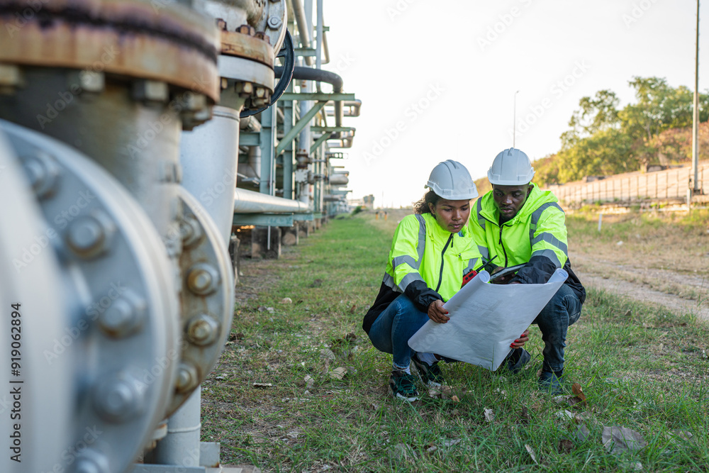 Young mechanical engineer holding blueprint drawing to checking and ...