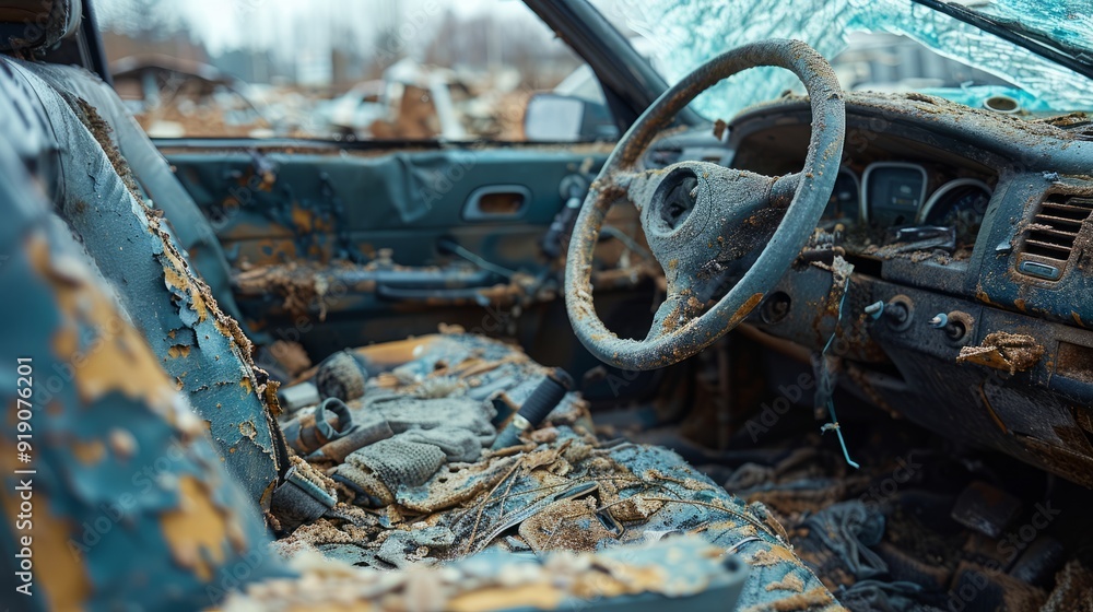 Inside an old car, the driver's seat and dashboard show signs of rust ...
