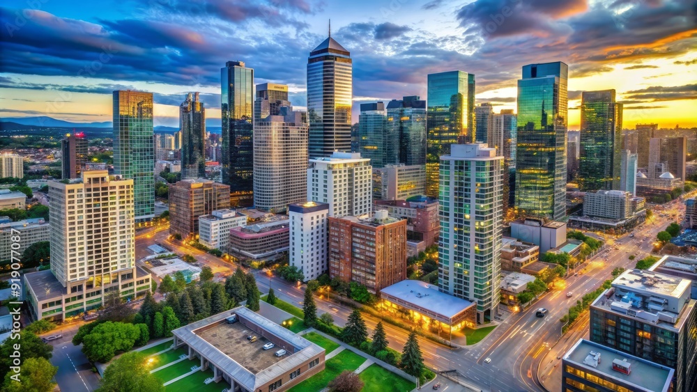 Bustling cityscape featuring modern high-rise buildings, busy streets ...
