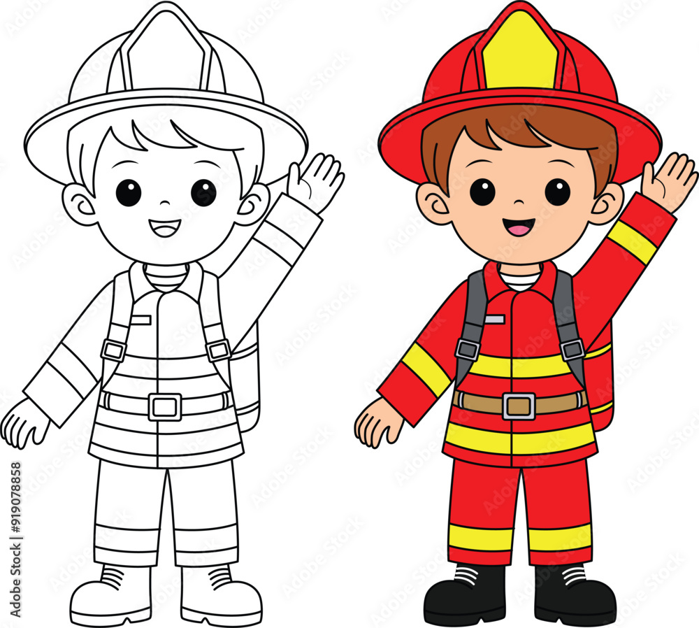 Firefighter Boy Waving Hand Outline Cartoon Coloring Page for Kids ...