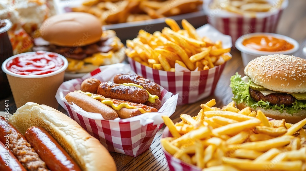 A spread of classic American foods including hot dogs, crispy fries ...