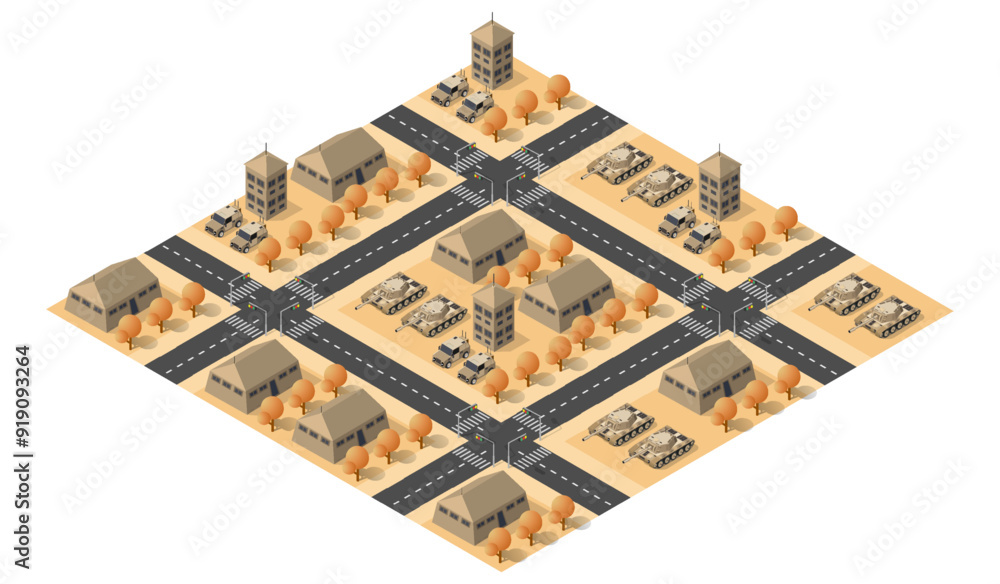 Military base isometric map showing tanks and buildings with roads and ...