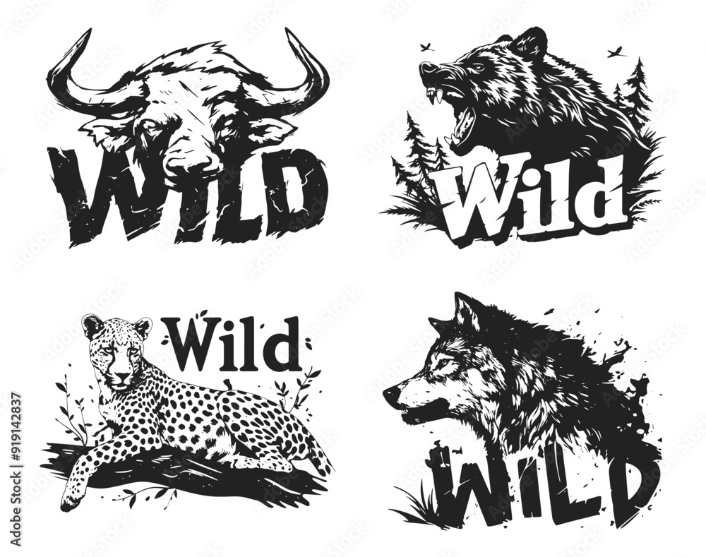 Wild animal illustrations with bold text vector lettering. Detailed ...